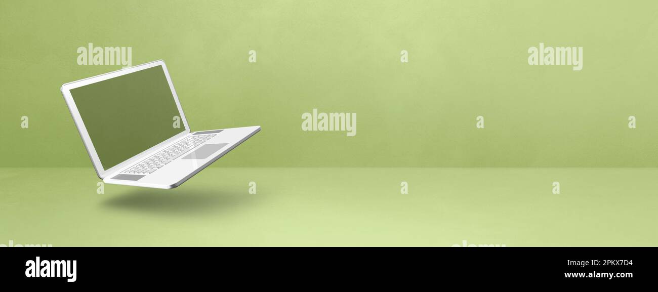 Blank computer laptop floating over a green background. 3D isolated ...