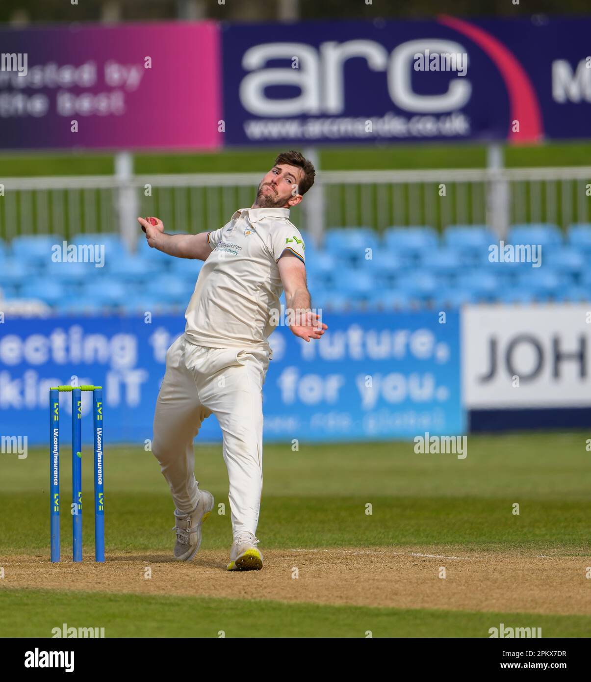 Ben Aitchison bowling for Derbyshire in a County Championship match ...