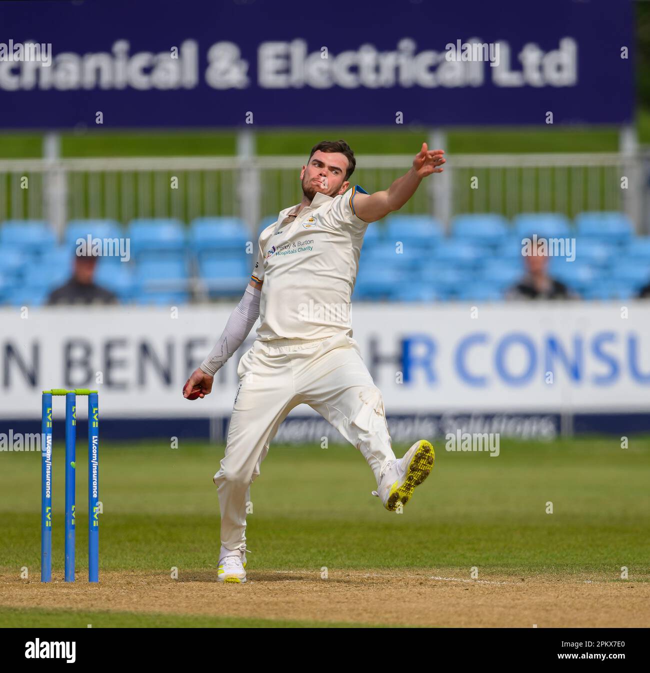 Sam Conners bowling for Derbyshire in a County Championship match ...