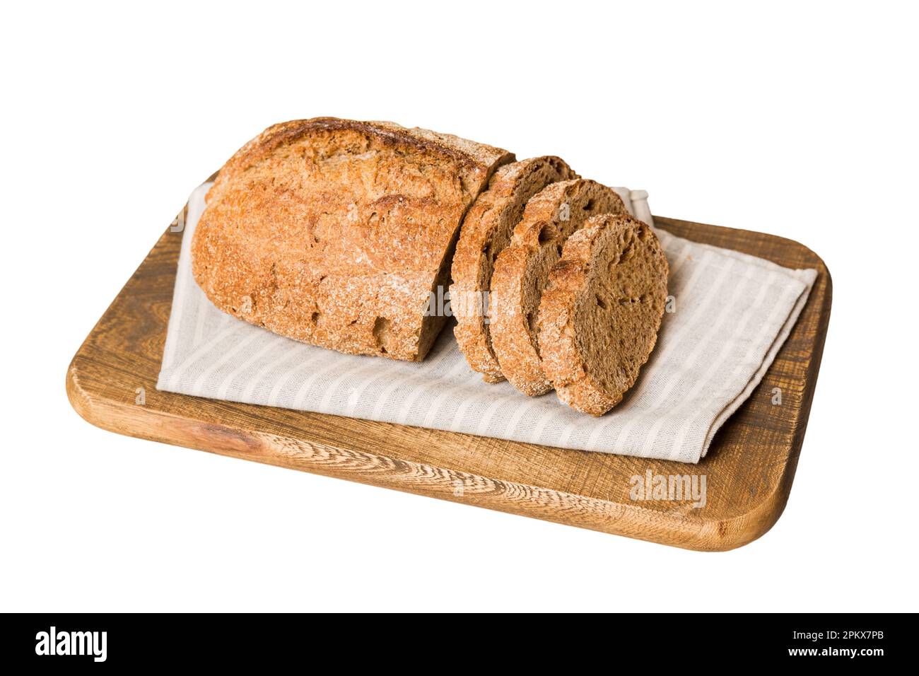 Assortment of freshly sliced baked bread with napkin isolated on white ...