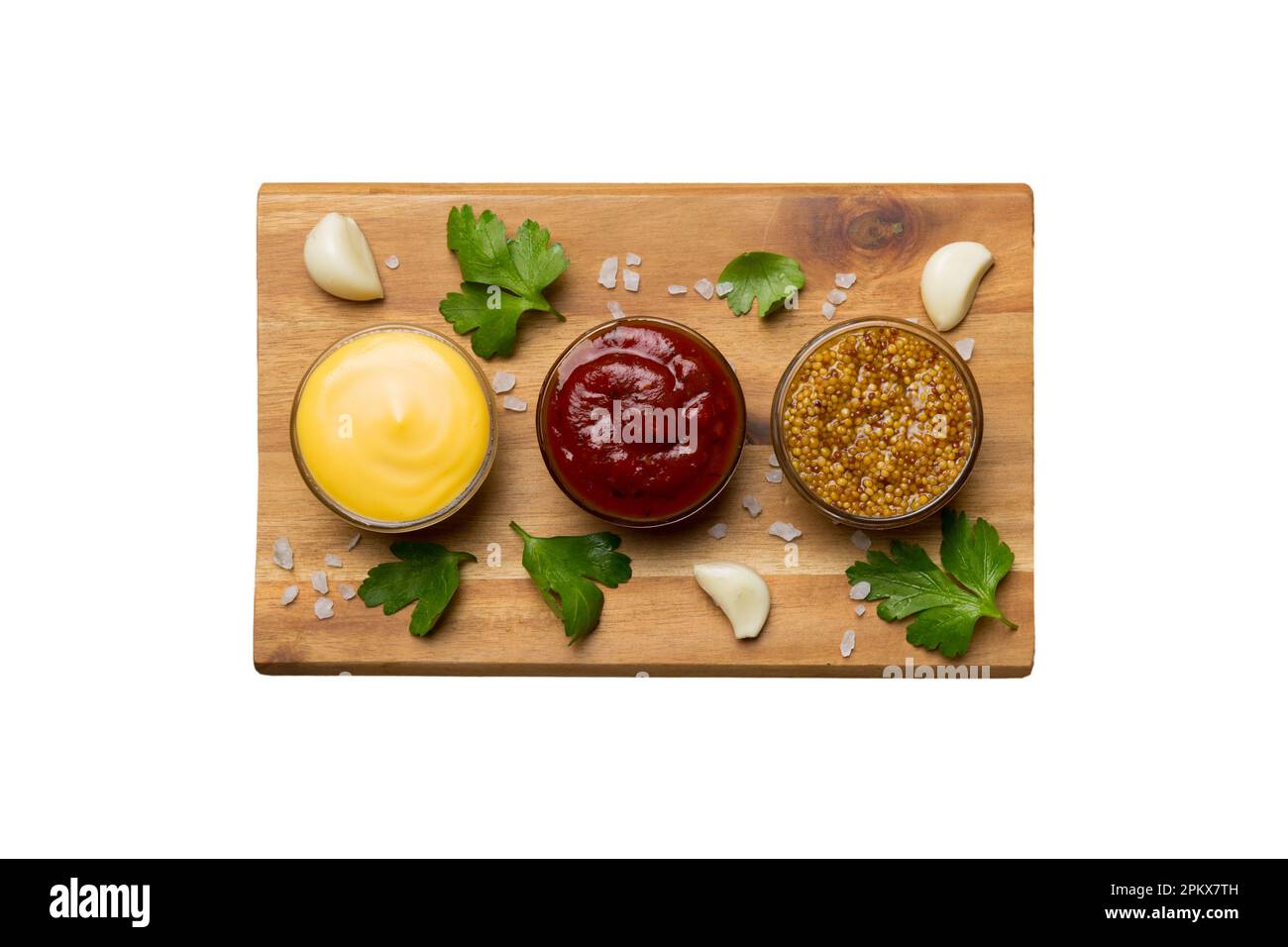 Many different sauces and herbs on table, flat lay top view. sauces on ...