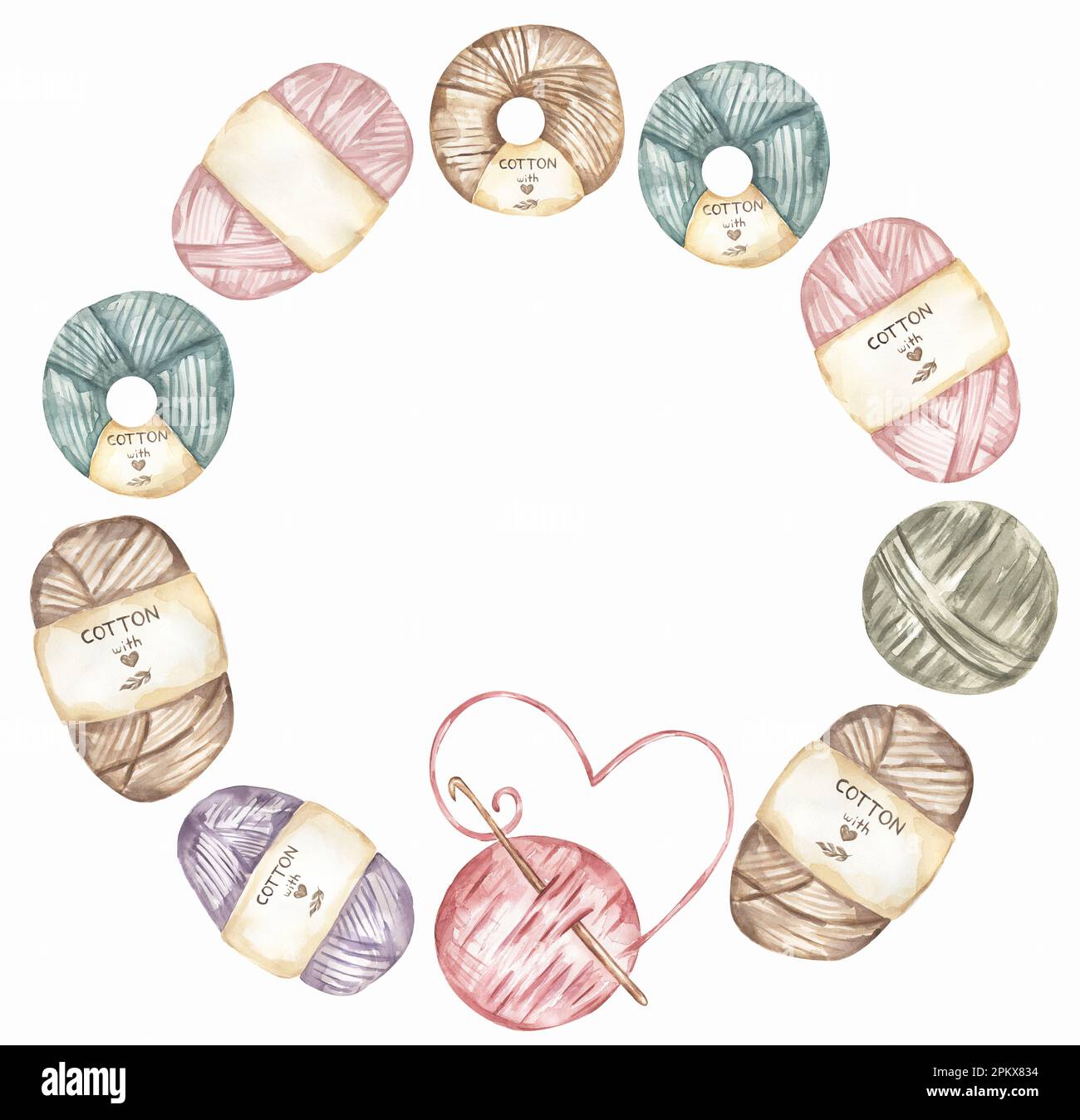 Hand-drawn watercolor knitting elements frame clipart. crafts and ...