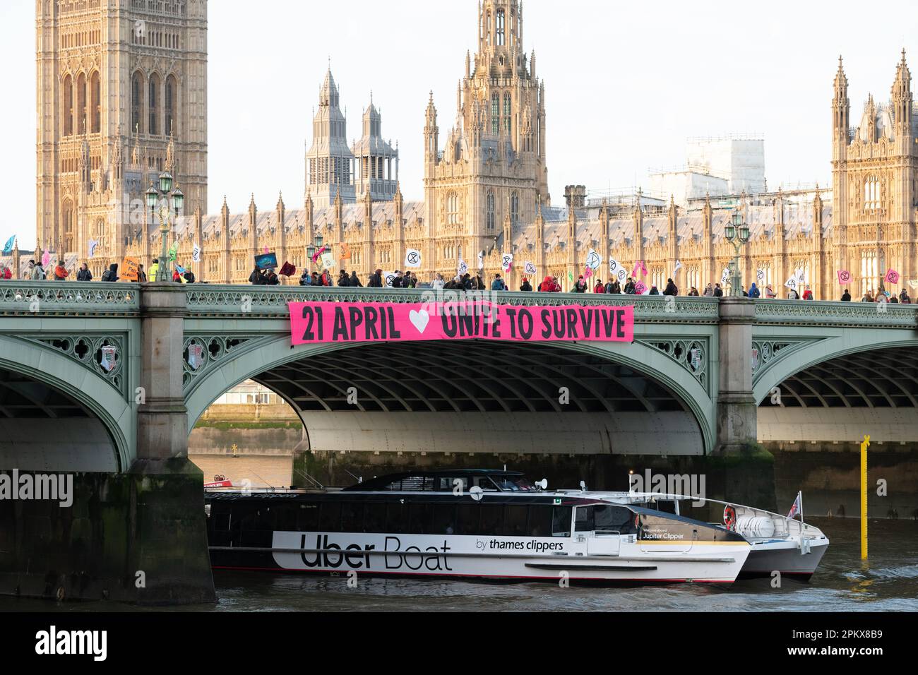 Extinction Rebellion activists perform a banner drop on Westminster ...