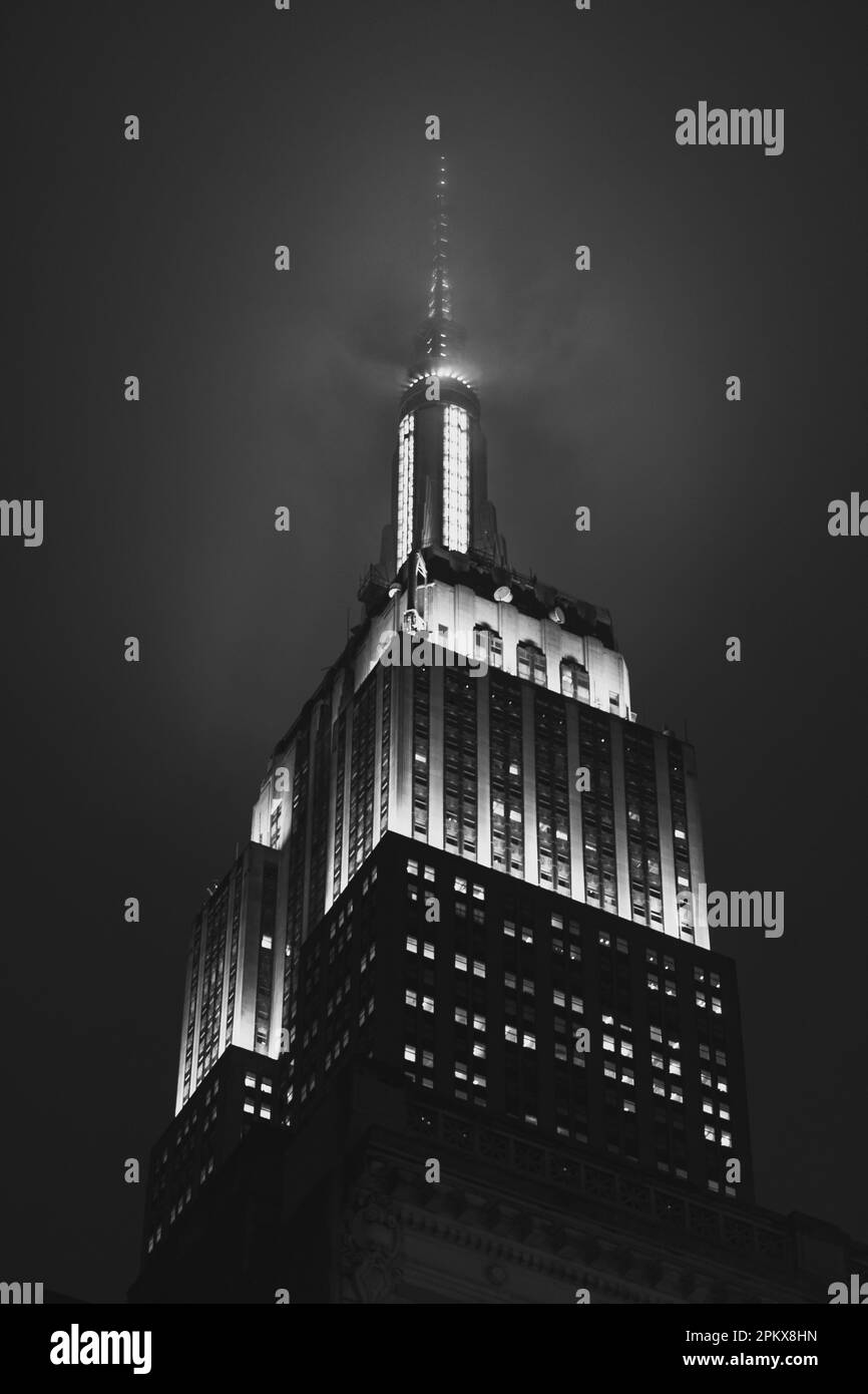 A vertical grayscale low angle shot of the Empire State Building at ...