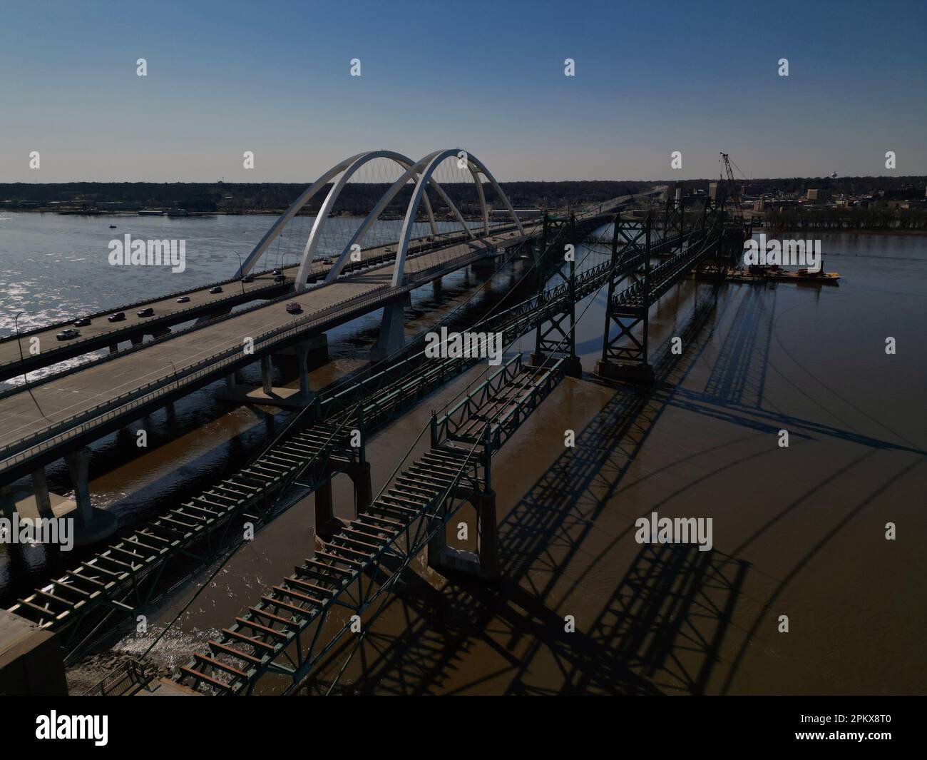 An aerial view of a bridge running over the Mississippi River in ...