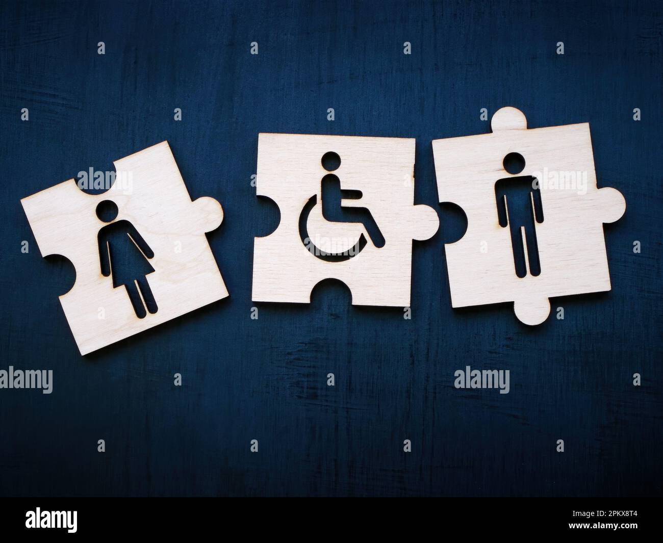 Puzzle pieces with female, male figures and disability person sign ...