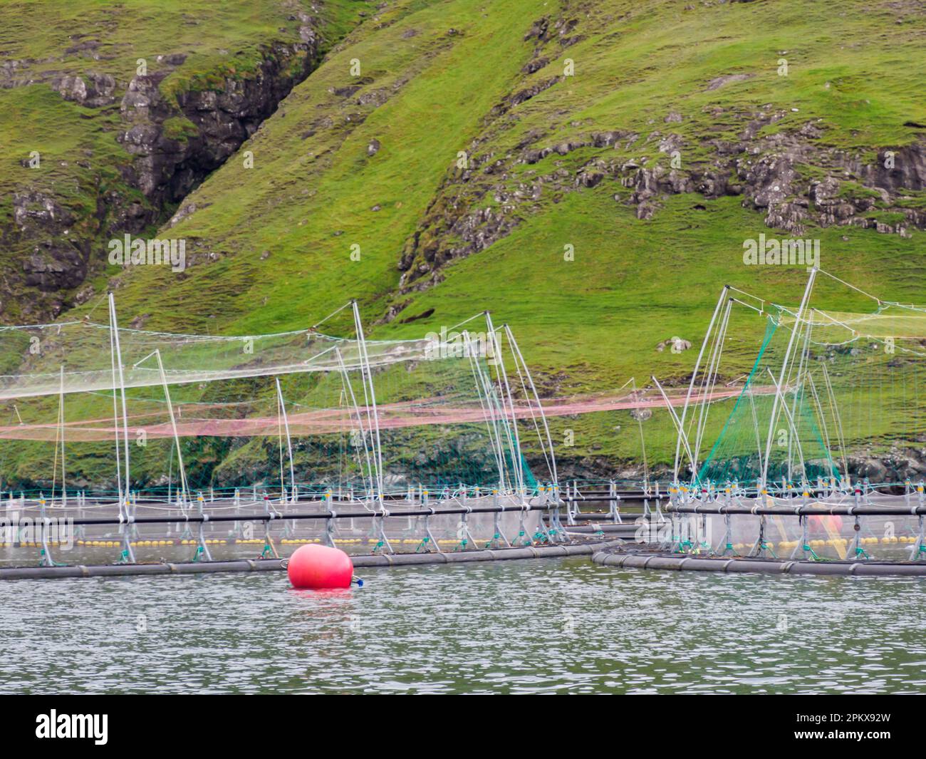 Vestmanna, Faroe Islands - July, 2021: Salmon farm, equipped with a ...