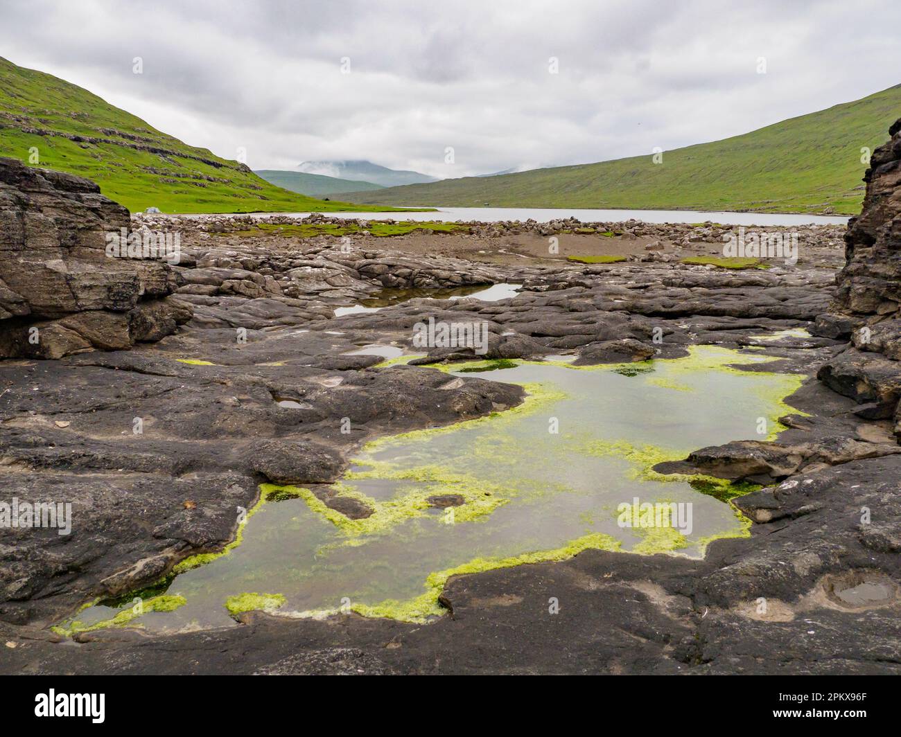 Ocean view of Lake Sørvágsvatn also known as Lake Leitisvatn. The ...