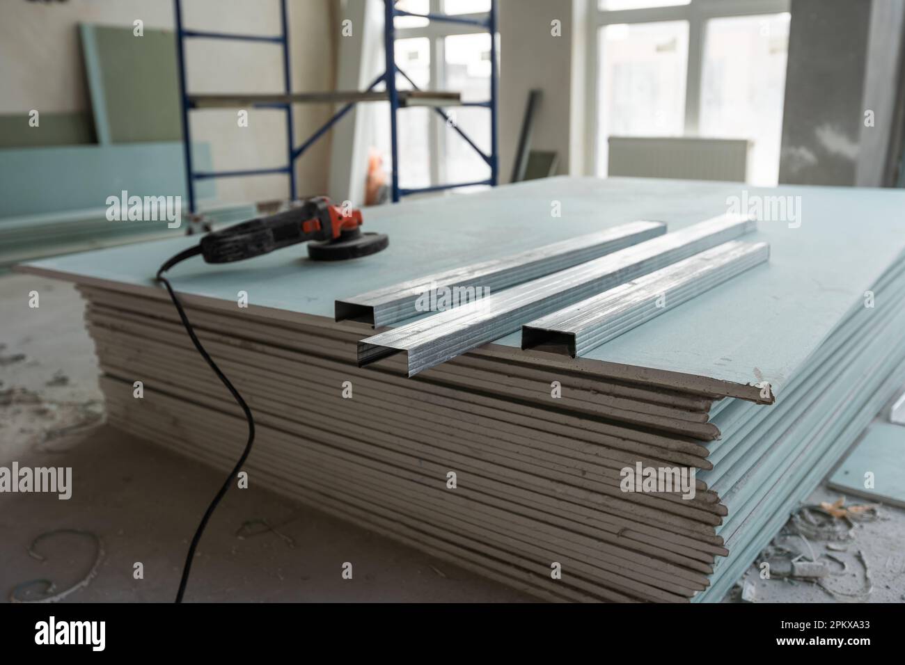 Working process of installing metal frames for plasterboard -drywall ...