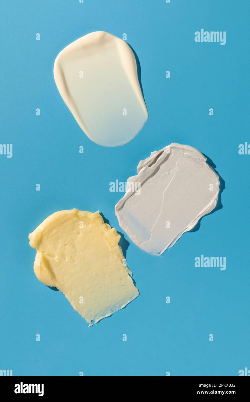 Samples and textures of various cosmetics for skin and hair care ...