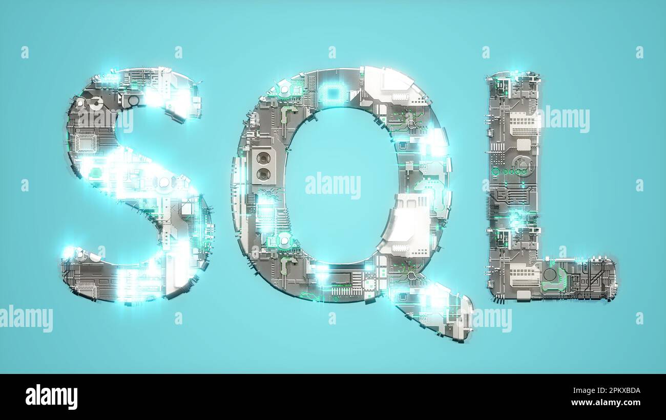 modern shining cybernetical text SQL on blue background - abstract 3D ...