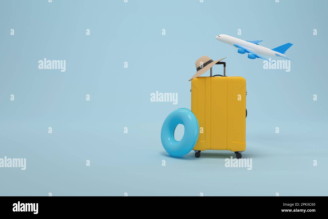Yellow suitcase packed, float, hat and airplane on blue background for ...