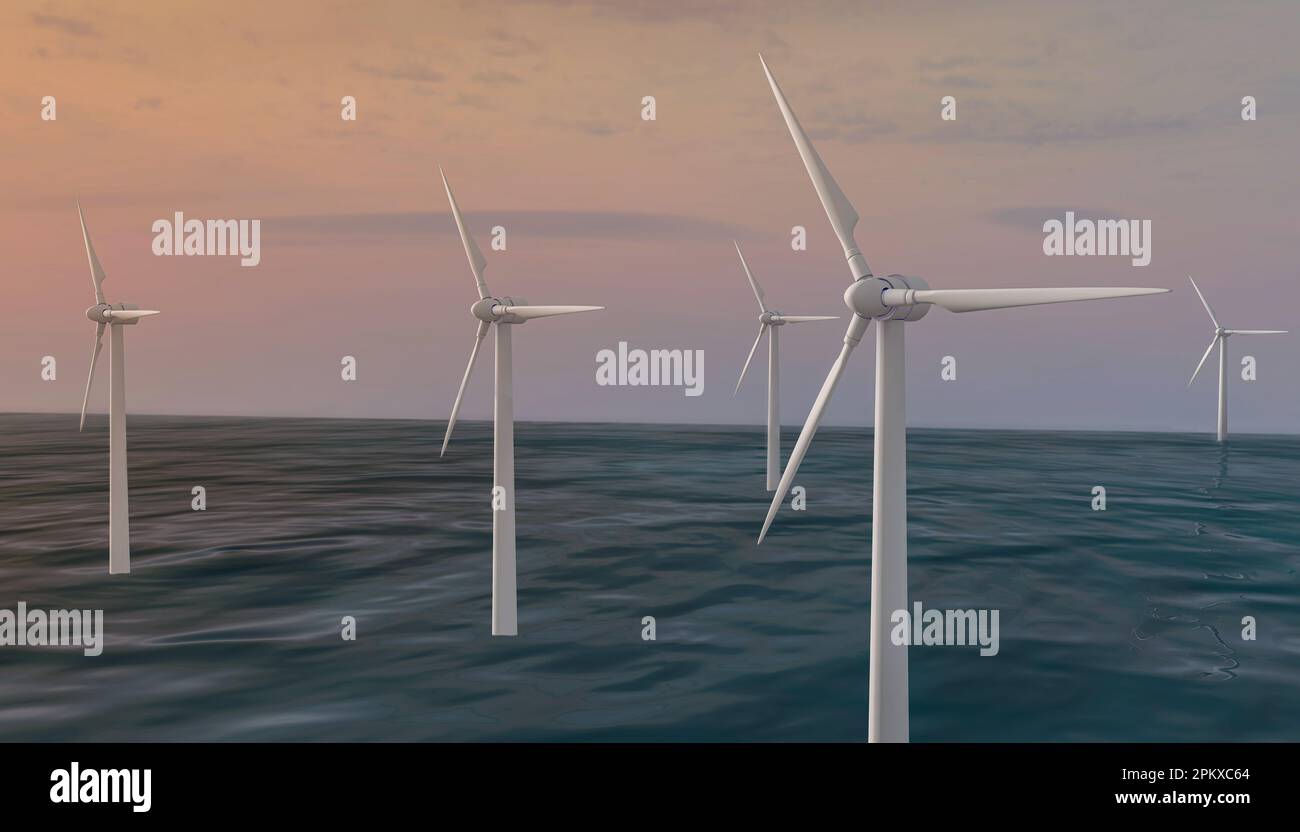 Wind turbine in the ocean, clean and sustainable green energy concept ...