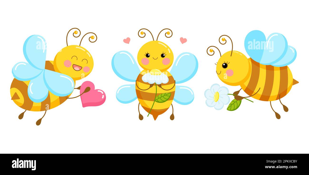 Set of illustrations of cute cartoon bees in love with daisies Stock ...