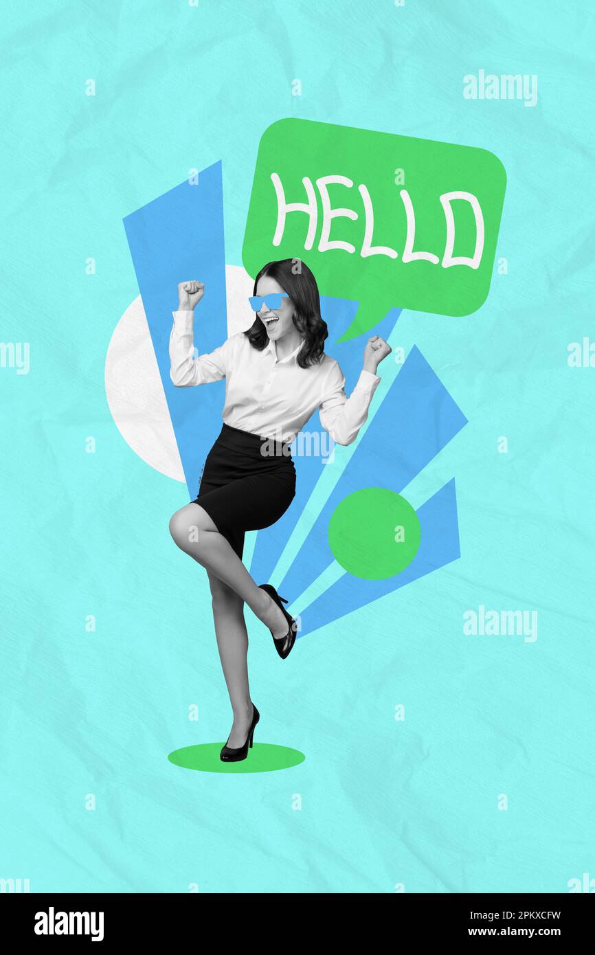 Vertical blue color picture collage poster of overjoyed cheerful girl ...