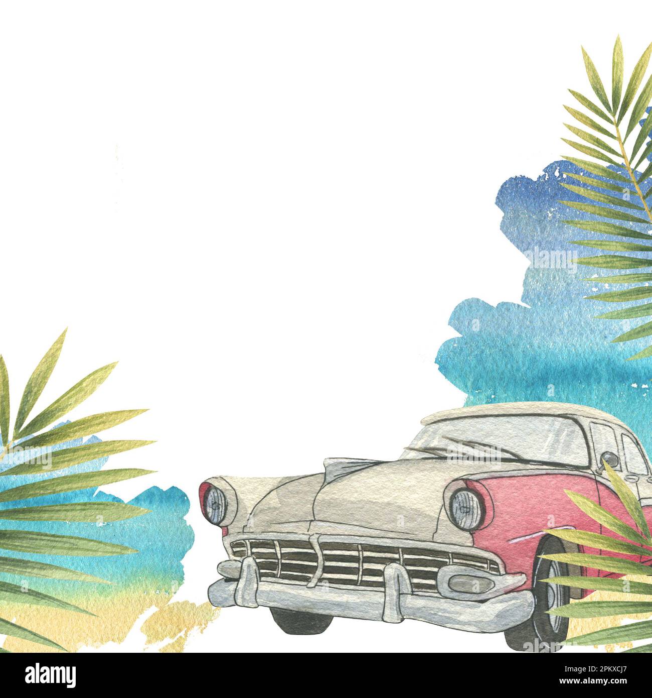 Pink retro car with tropical palm leaves against the blue sky ...