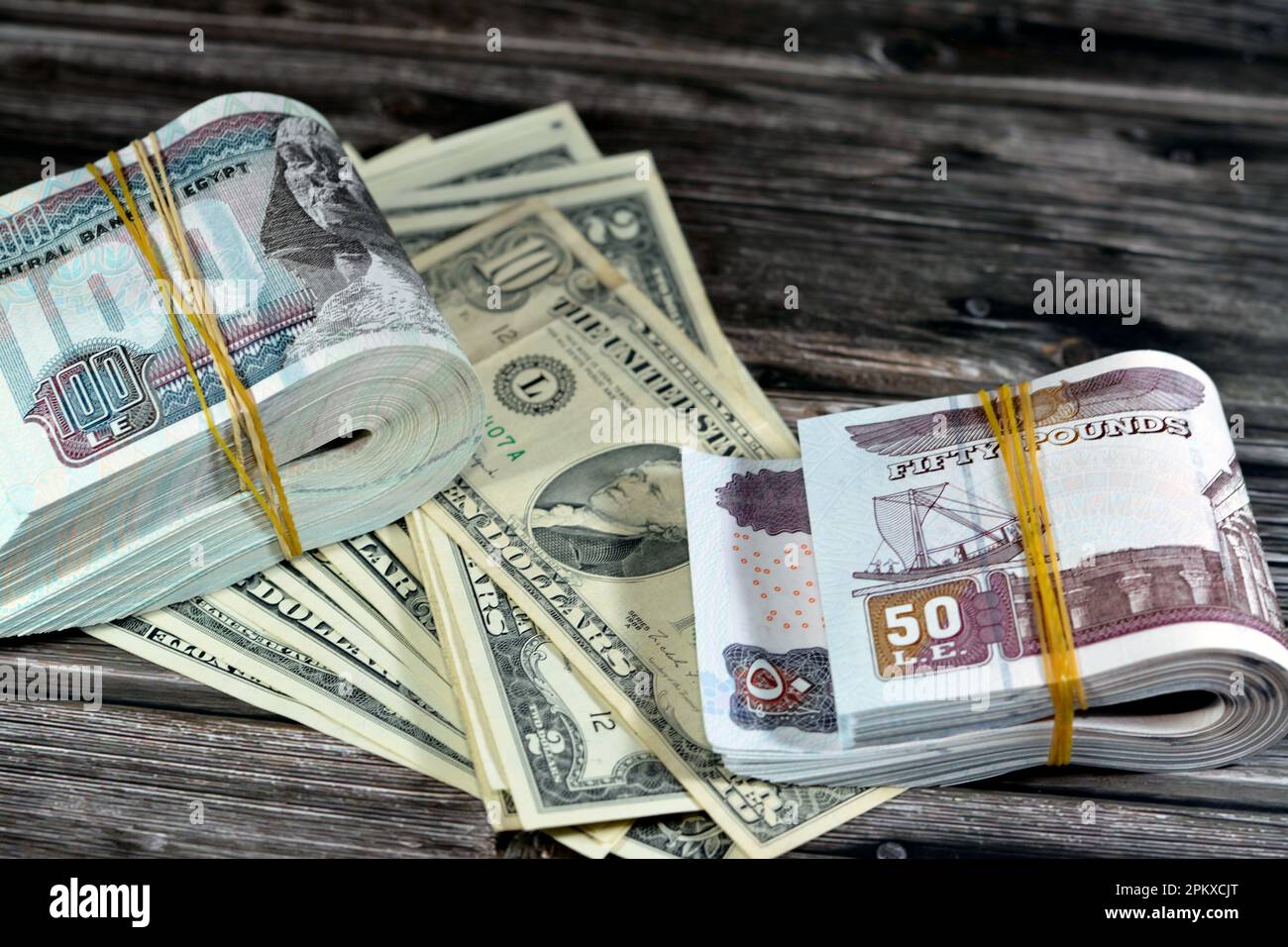 Folded stack Egypt money banknote bills of 100 and 50 EGP LE one ...