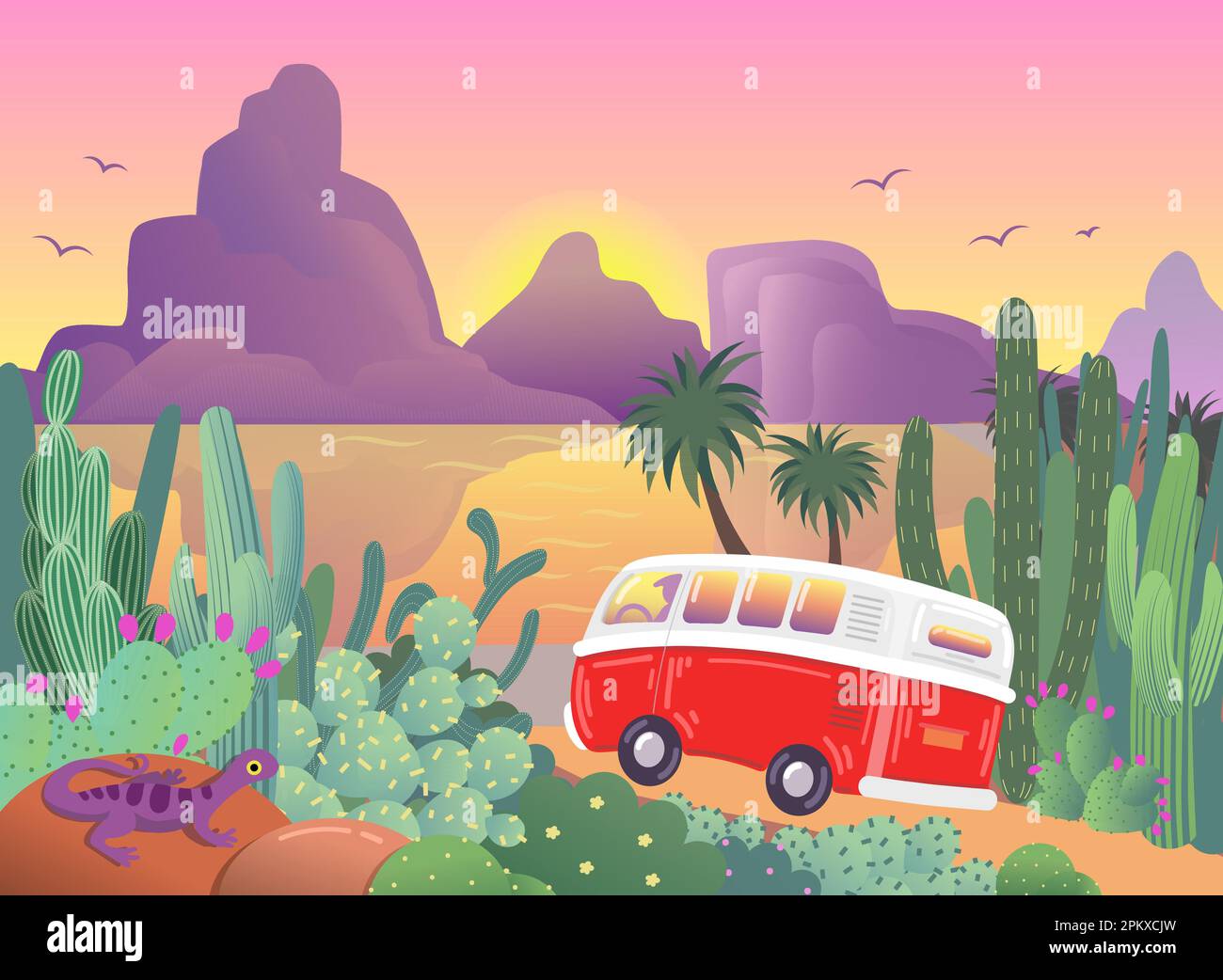 Illustration of landscape with sunset, blooming cacti and mountains ...