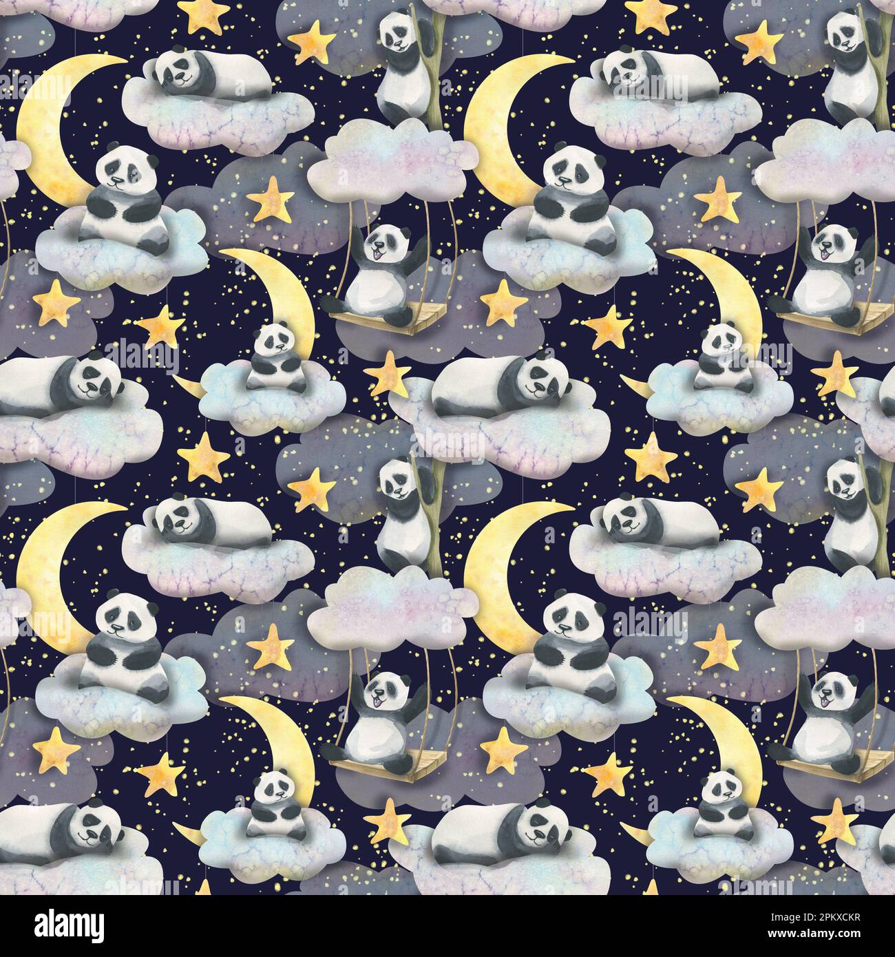 Pandas on the clouds and on a swing in the sky with stars and the moon ...