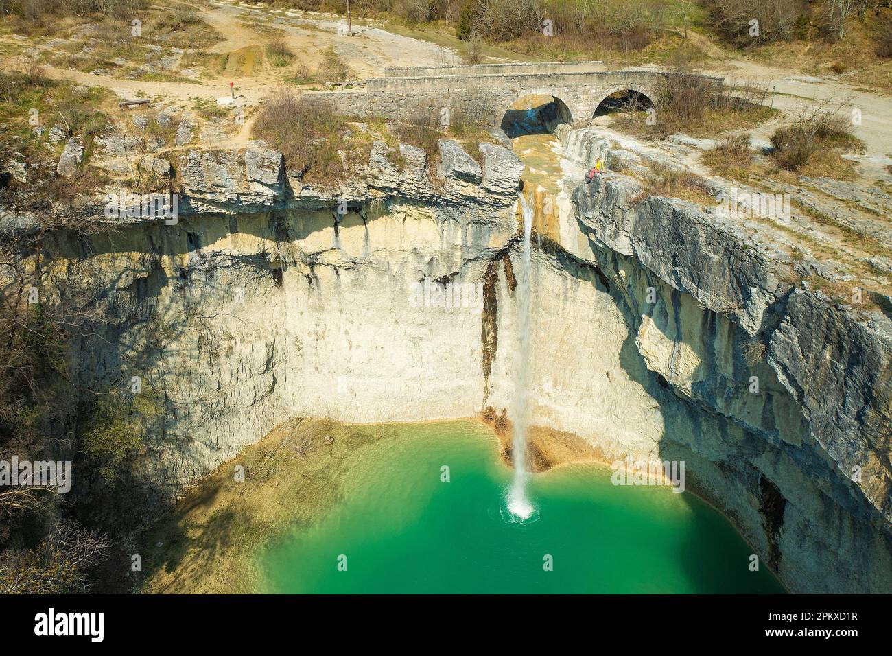 Aerial view of Sopot waterfall with a stone bridge in Istra, Croatia ...