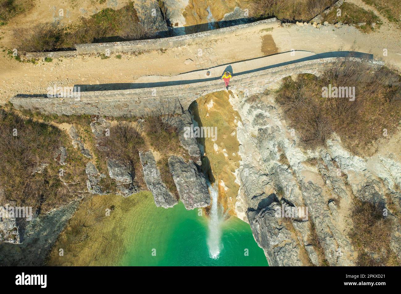 Aerial view of Sopot waterfall with a stone bridge in Istra, Croatia ...
