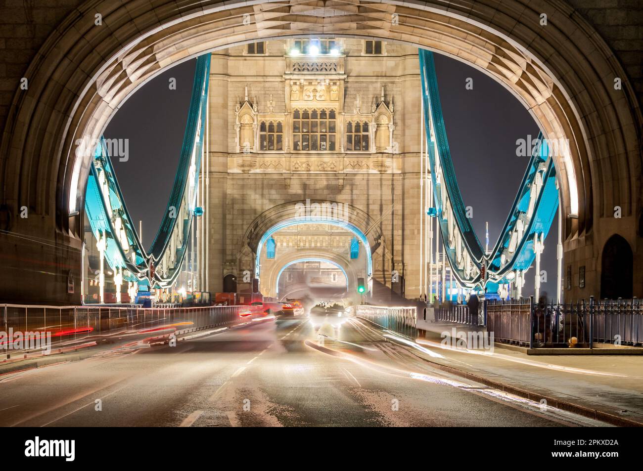 Light trails on a Tower bridge which crosses the river at UK Stock ...