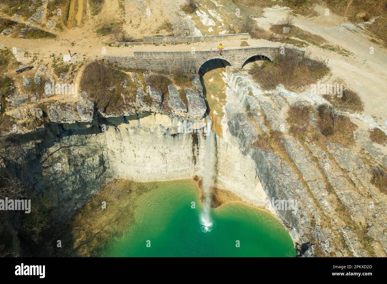 Aerial view of Sopot waterfall with a stone bridge in Istra, Croatia ...