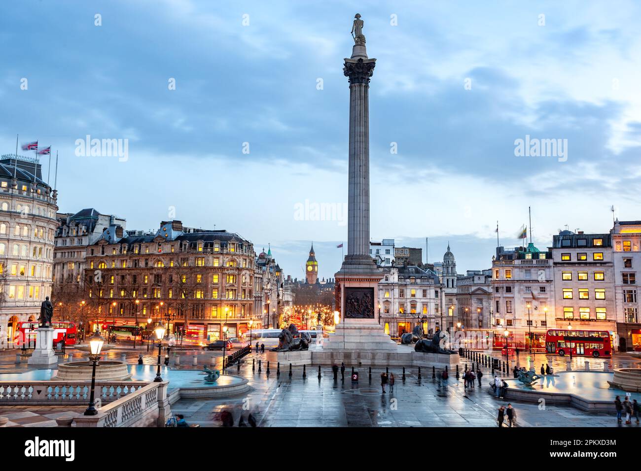 Nelson's Column is in the center of the square, flanked by fountains ...