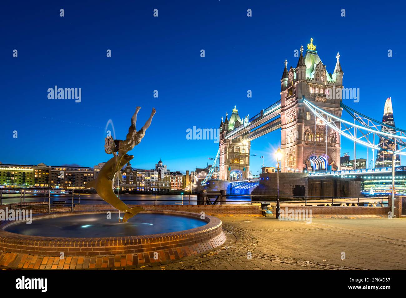 Dolphin fountain is located in a small park at one end of Tower Bridge ...