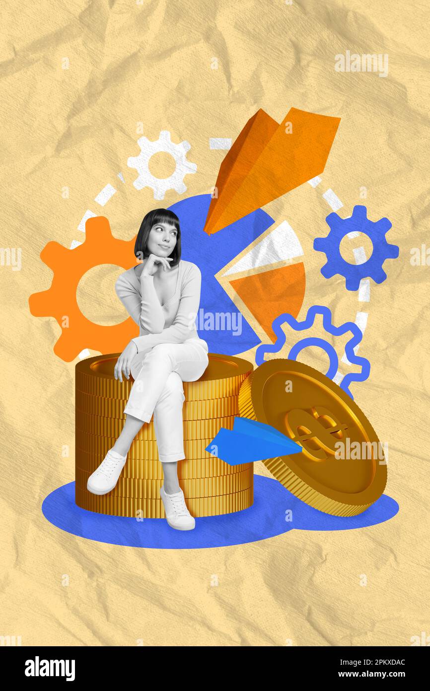 Vertical artwork sketch picture collage of lady worker earning money ...