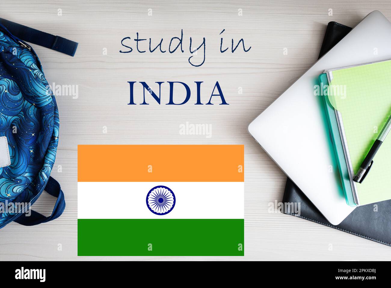 Study in India. Background with notepad, laptop and backpack. Education ...