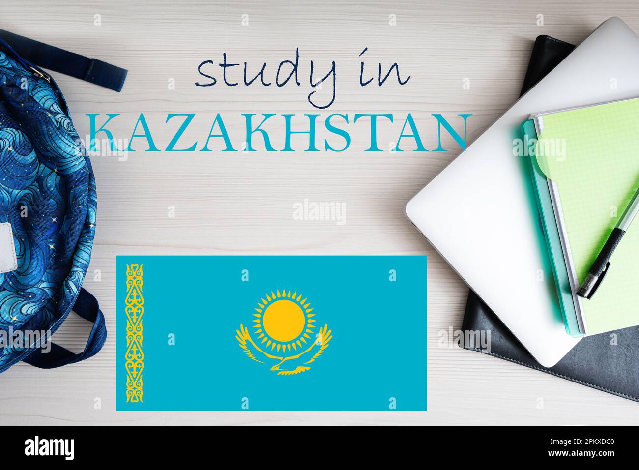 Study in Kazakhstan. Background with notepad, laptop and backpack. Education concept Stock Photo ...