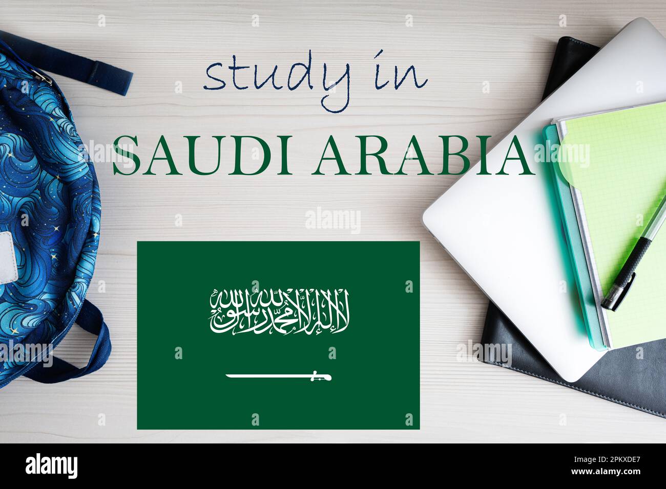 Study in Saudi Arabia. Background with notepad, laptop and backpack ...