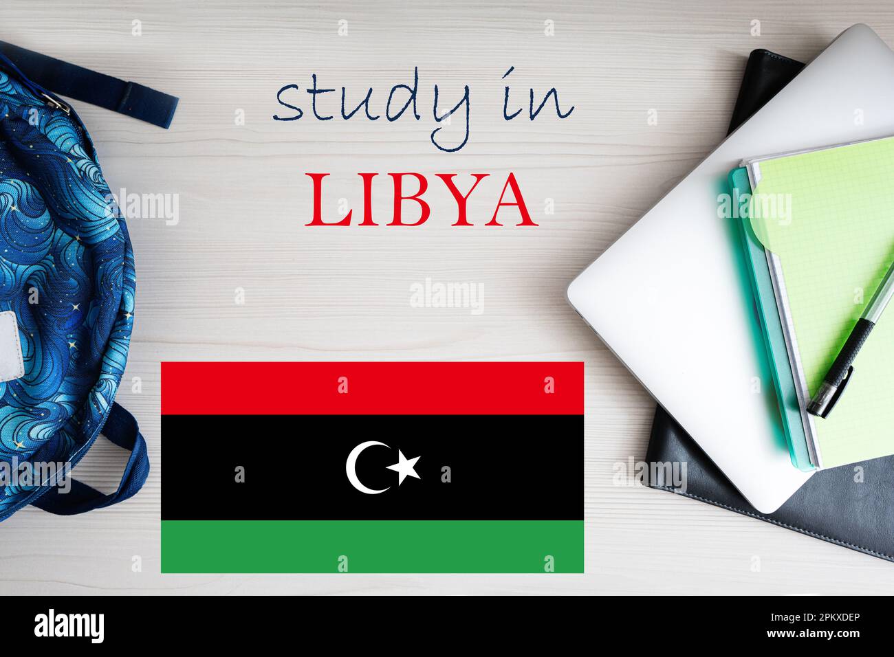 Study in Libya. Background with notepad, laptop and backpack. Education ...