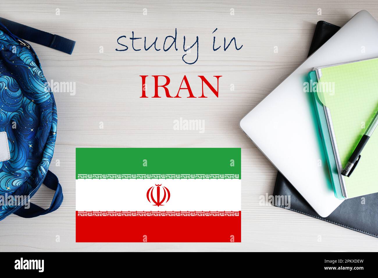 Study in Iran. Background with notepad, laptop and backpack. Education ...
