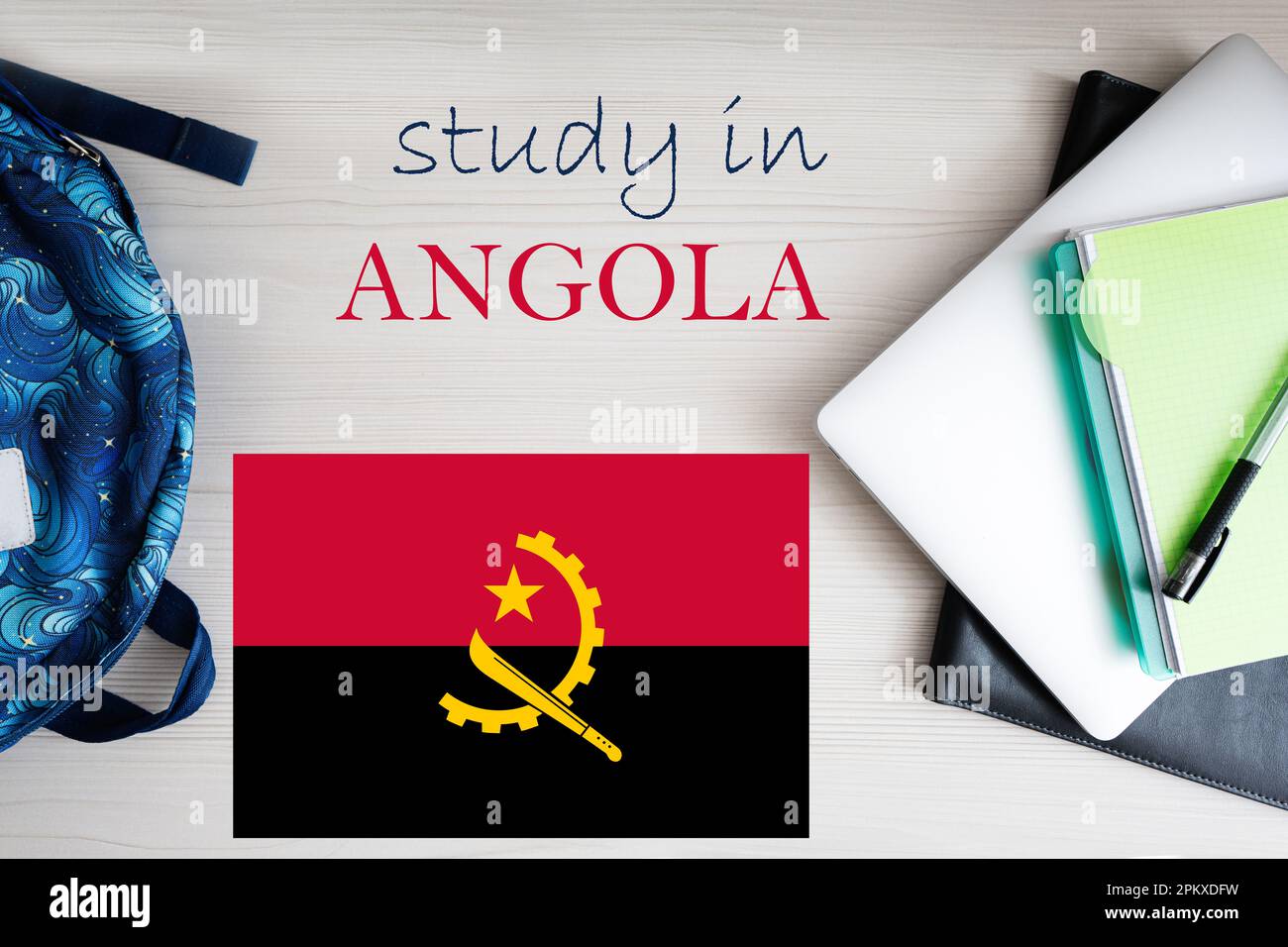 Study in Angola. Background with notepad, laptop and backpack ...