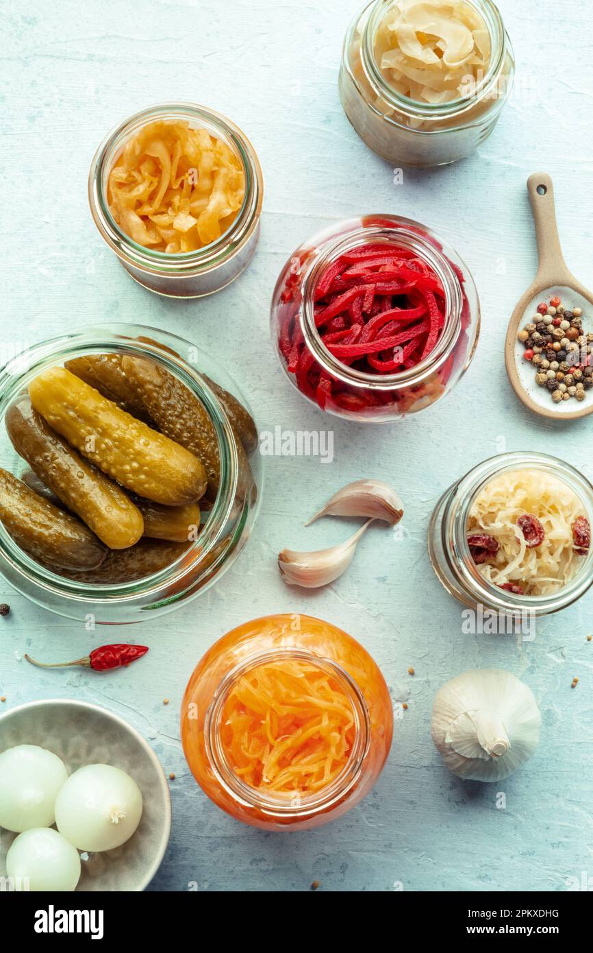 Fermented food, overhead flat lay shot. Homemade vegetable preserves ...