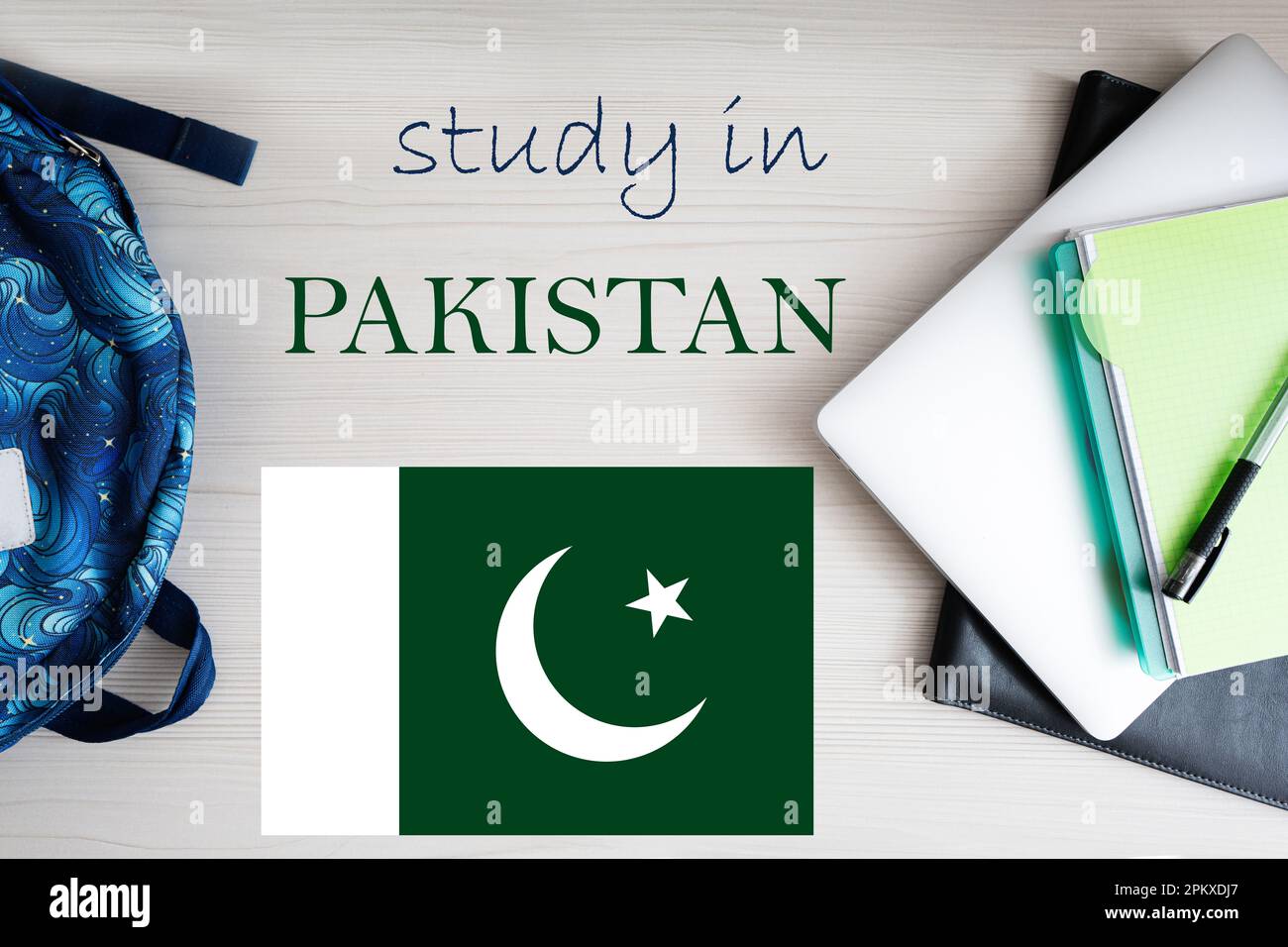 Study in Pakistan. Background with notepad, laptop and backpack ...