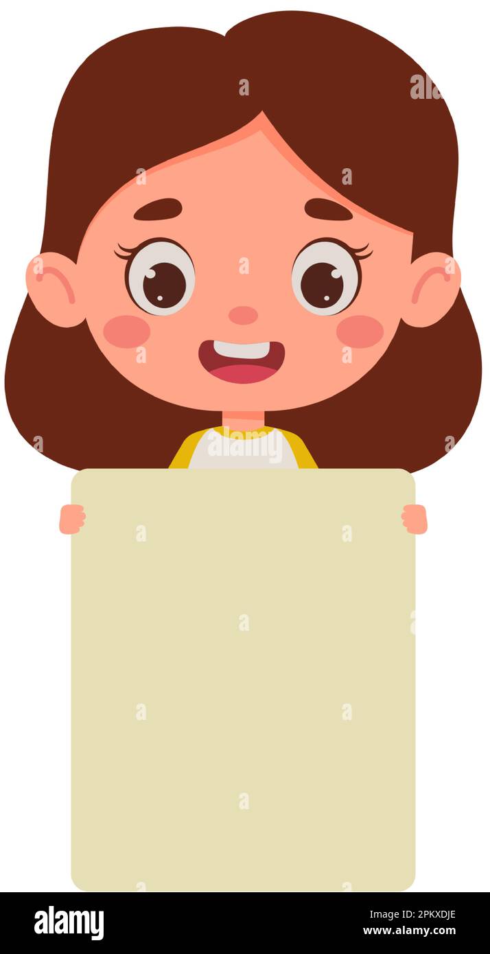 Cute little kid girl holding empty blank board. Cartoon child character ...