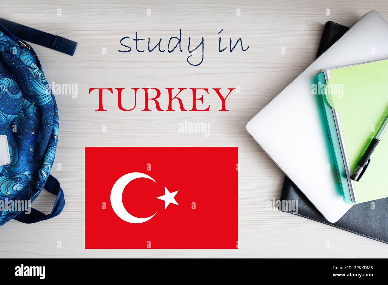 Study in Turkey. Background with notepad, laptop and backpack ...