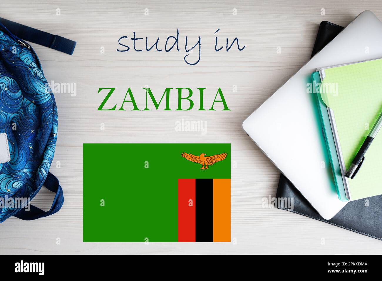 Study in Zambia. Background with notepad, laptop and backpack. Education concept Stock Photo - Alamy