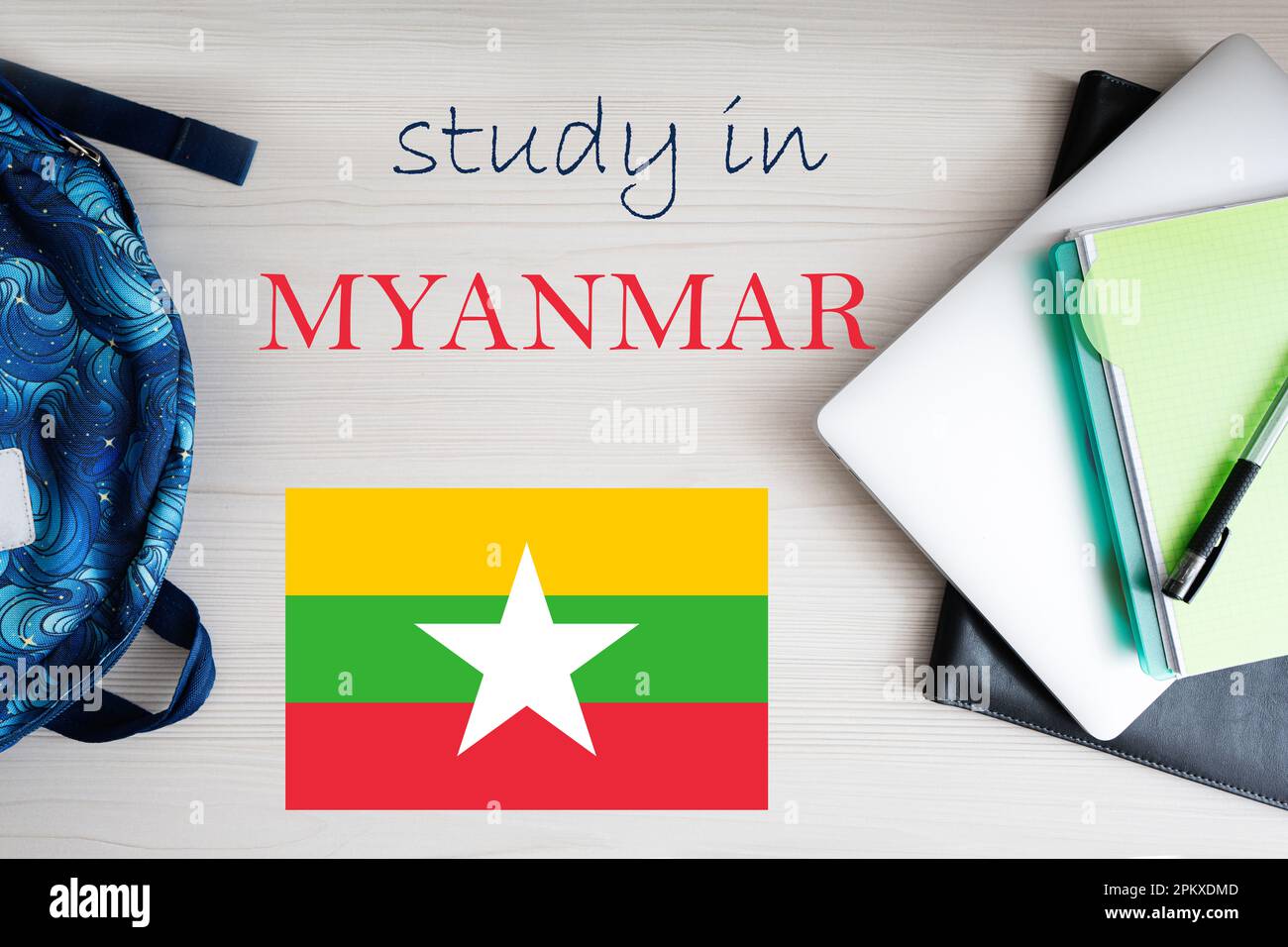 Study in Myanmar. Background with notepad, laptop and backpack ...
