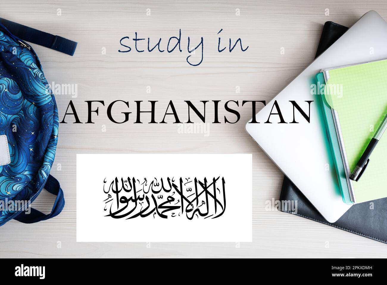 Study in Afghanistan. Background with notepad, laptop and backpack ...