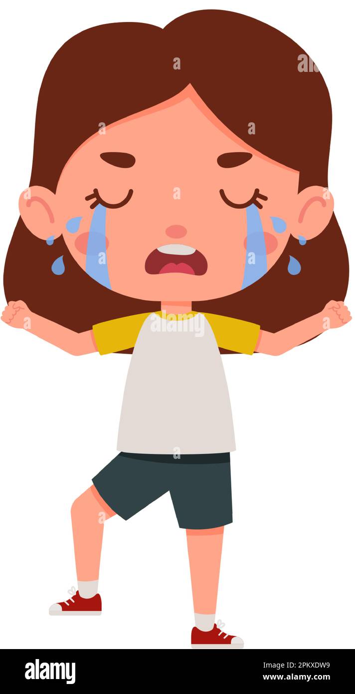 Cute little kid girl cry. Cartoon schoolgirl character show facial ...