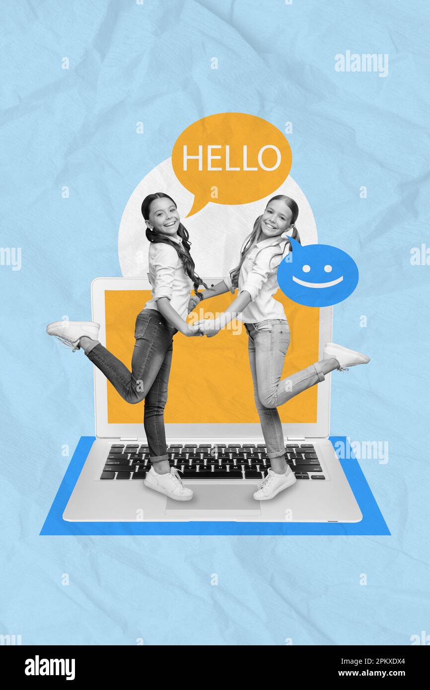 Vertical creative photo sketch collage of funny positive schoolgirls ...