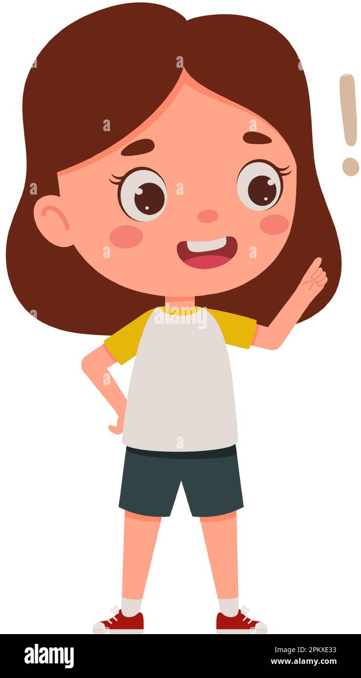 Cute little kid girl with great idea. Cartoon schoolgirl character show ...