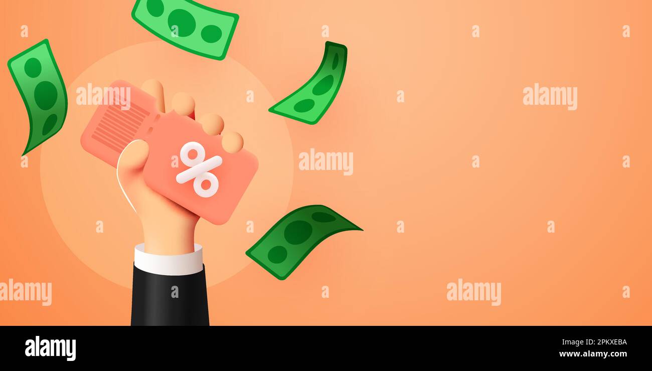 3D hand holds a coupon with percentages for discounts and sales of ...