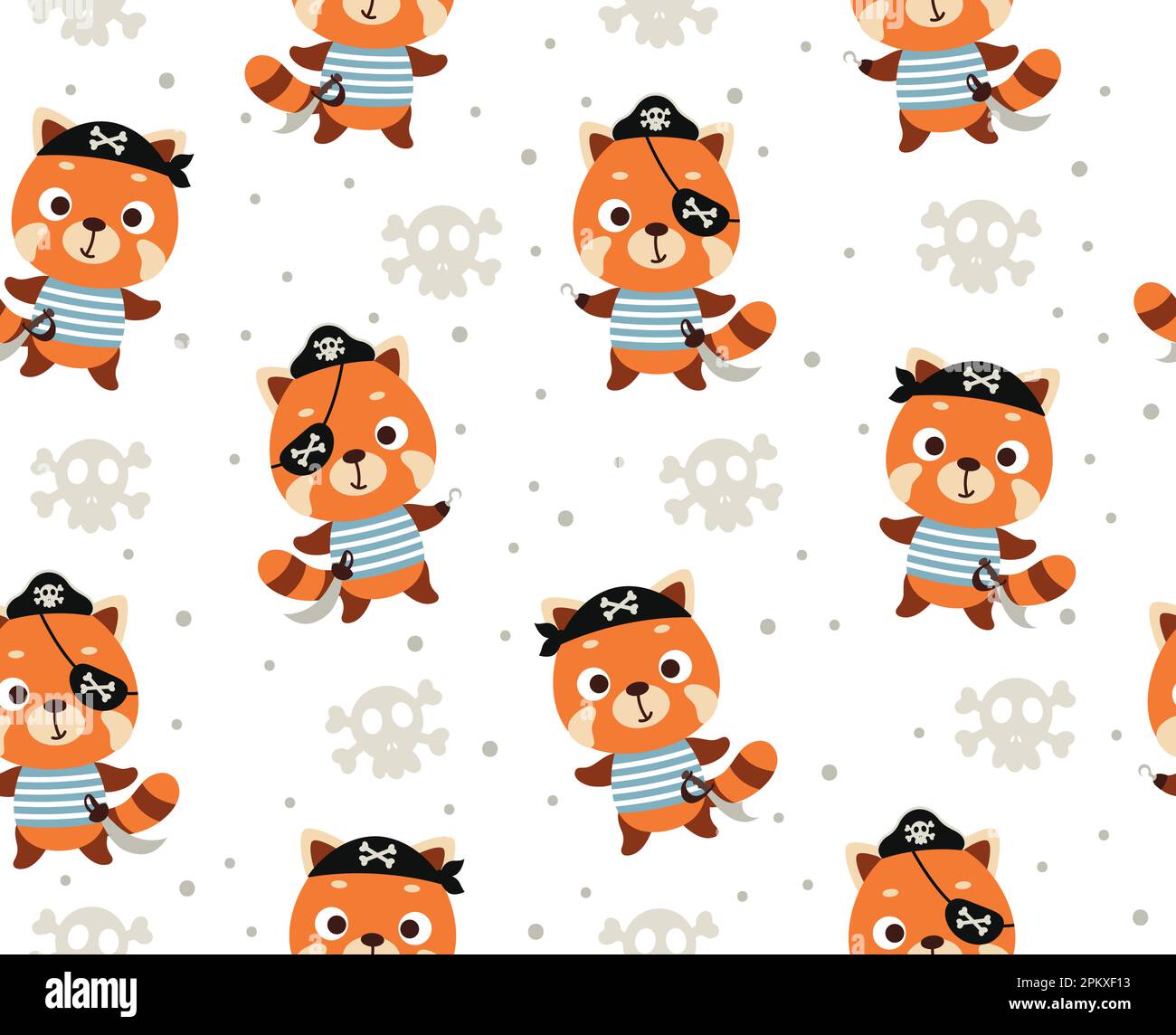 Cute little pirate red panda seamless childish pattern. Funny cartoon ...
