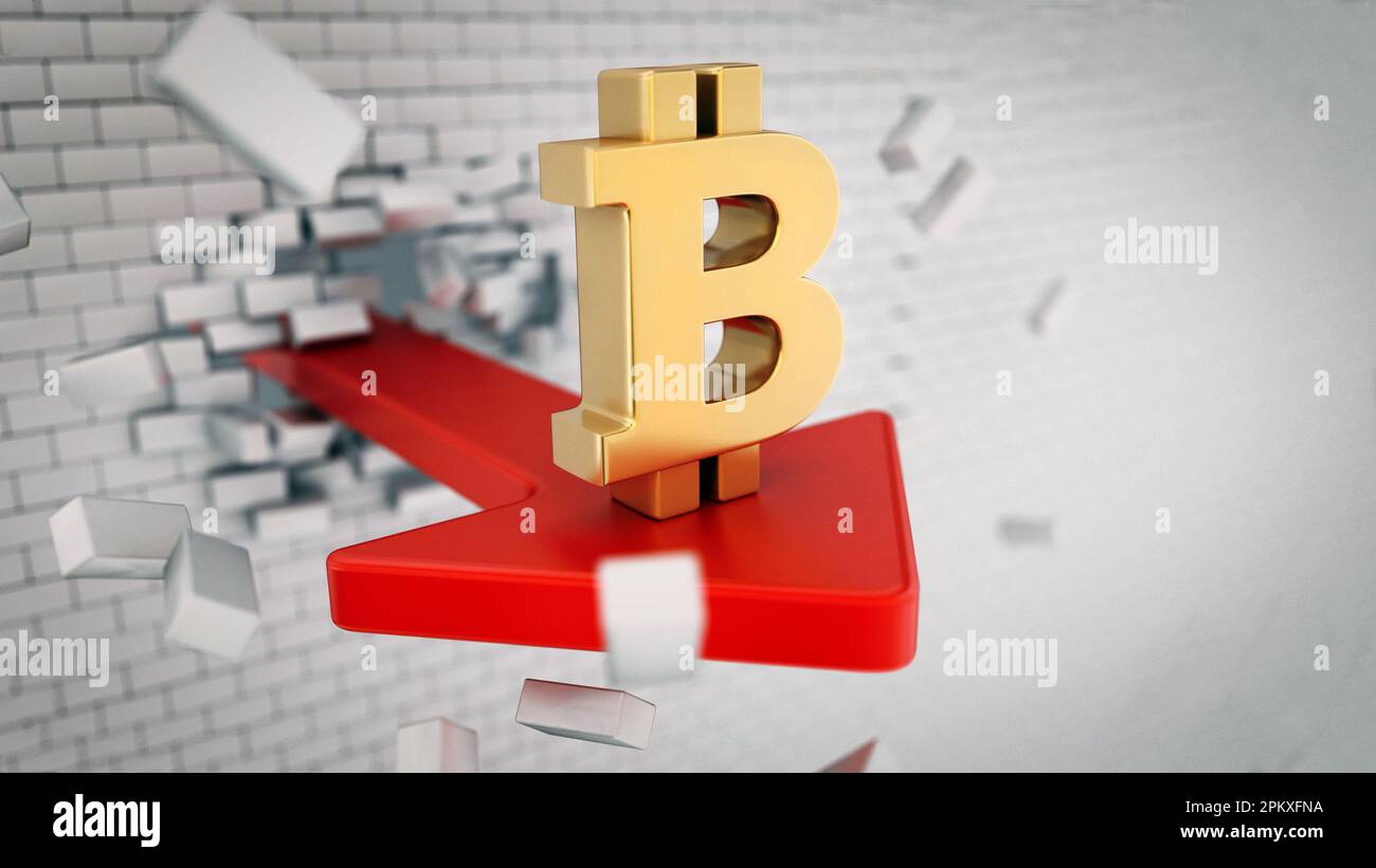 Bitcoin symbol on the arrow destroying the wall. 3D illustration Stock ...