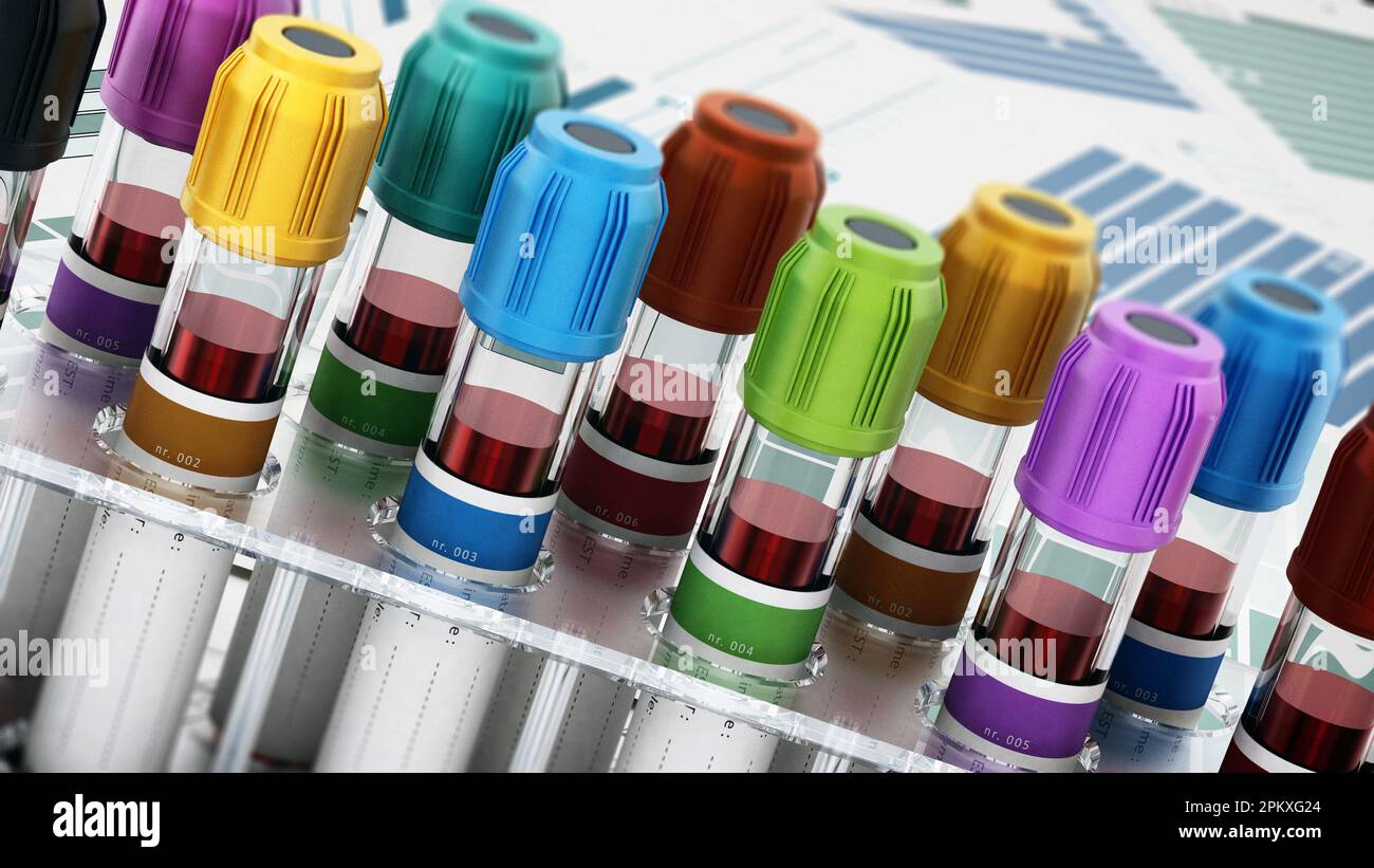 Blood vials with vibrant colored lids standing on medical forms. 3D ...